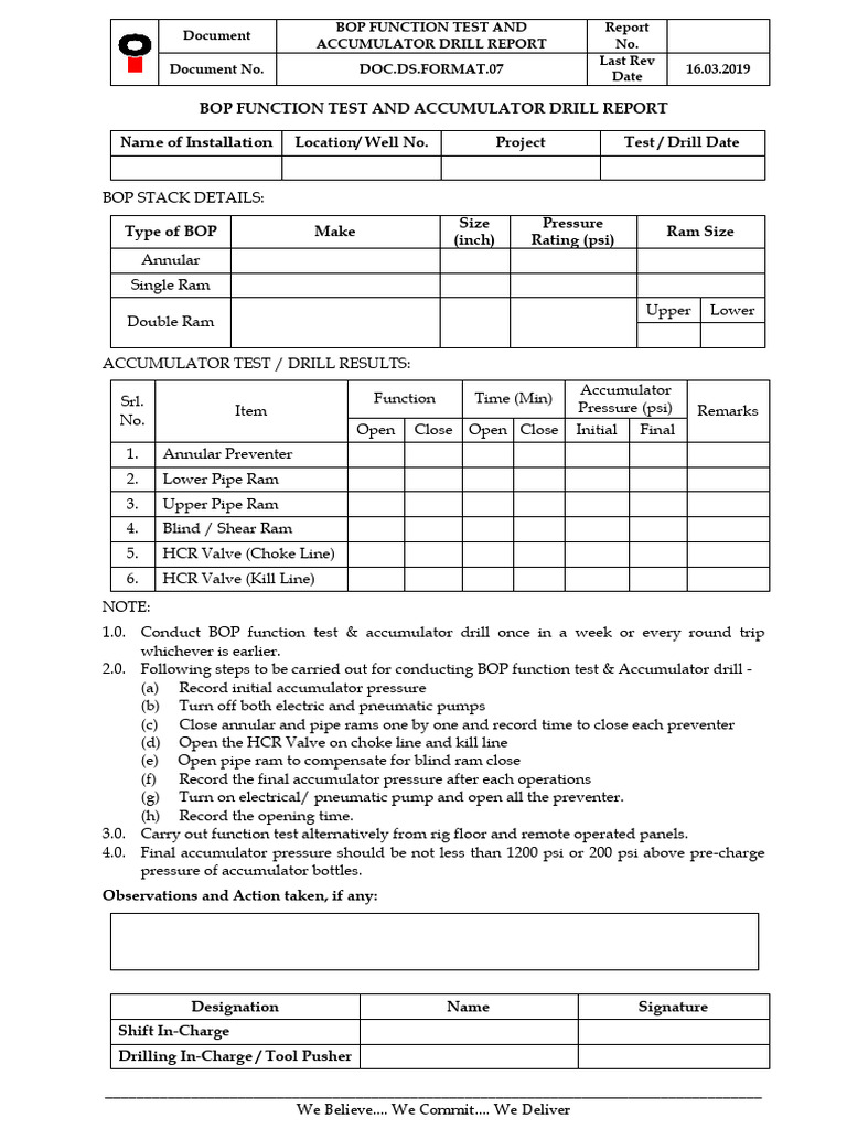 Bop Function Test & Accumulator Drill - Oisd-Rp-174 (2016) - New Format ...