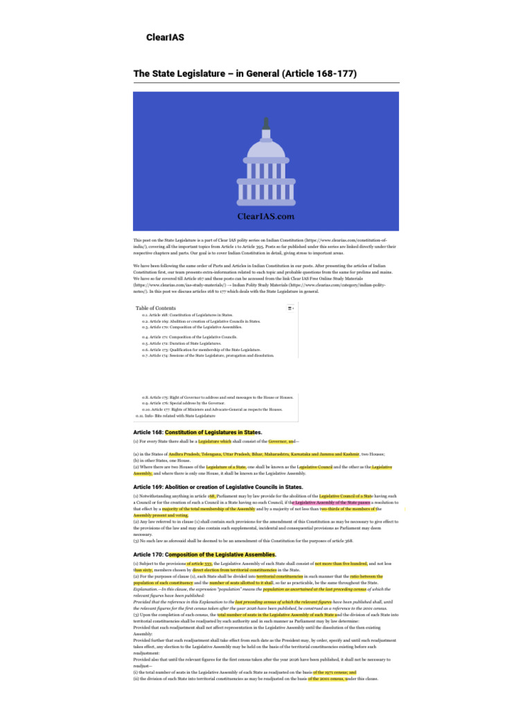 State Legislature Articles 168-177 Overview | PDF | Public Law | Democracy