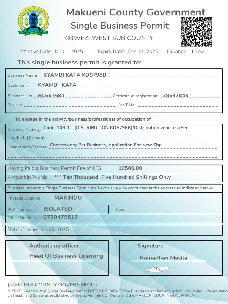 Makueni County Single Business Permit | PDF