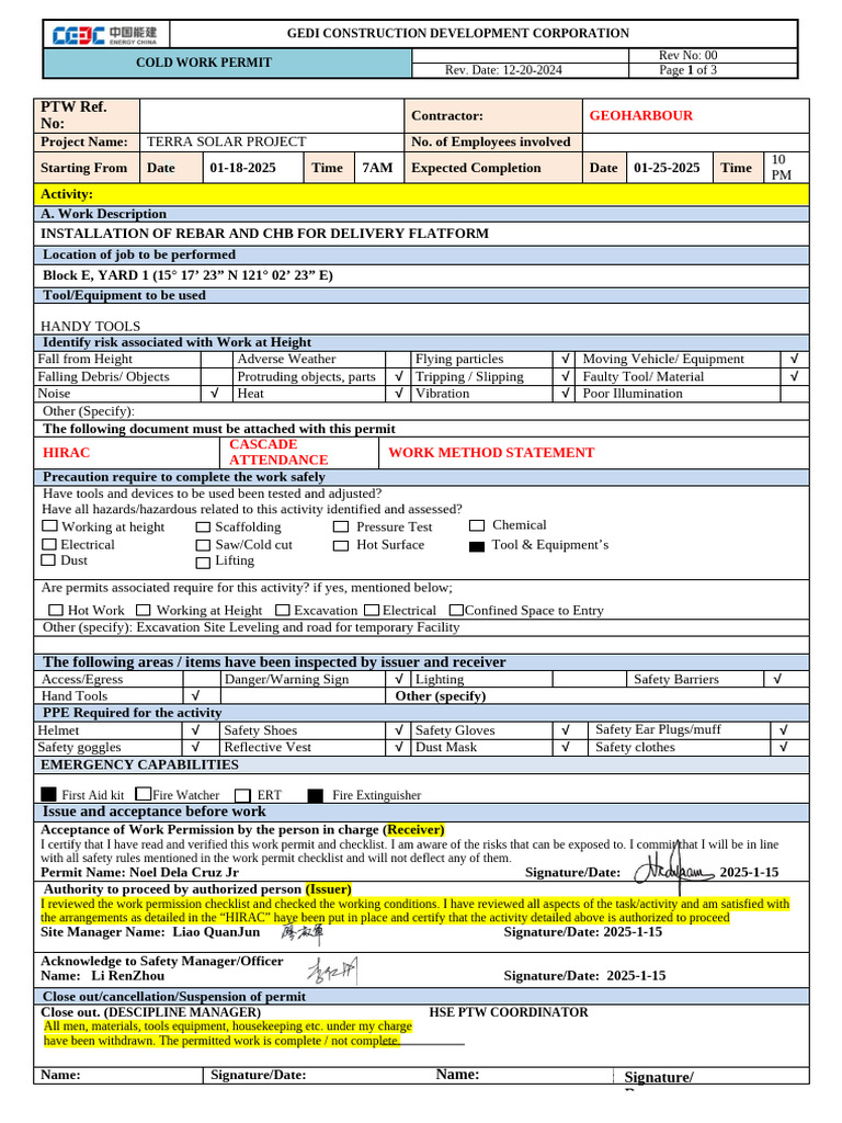 Cold Work-Installation of REBAR AND CHB FOR DELIVERY FLATFORM at YARD 1 ...