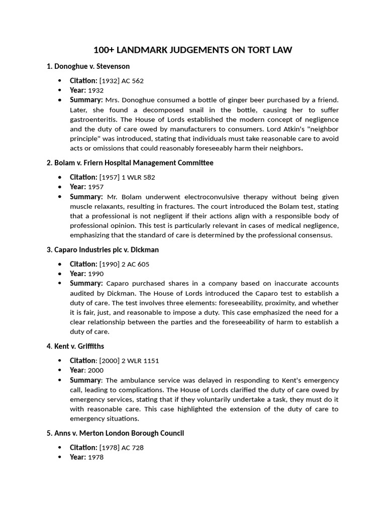 Tort Law: Key Judgments Explained | PDF | Negligence | Duty Of Care