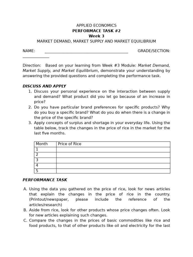 Performance Task Module 3 Market Demand Market Supply and Market Equilibrium | PDF