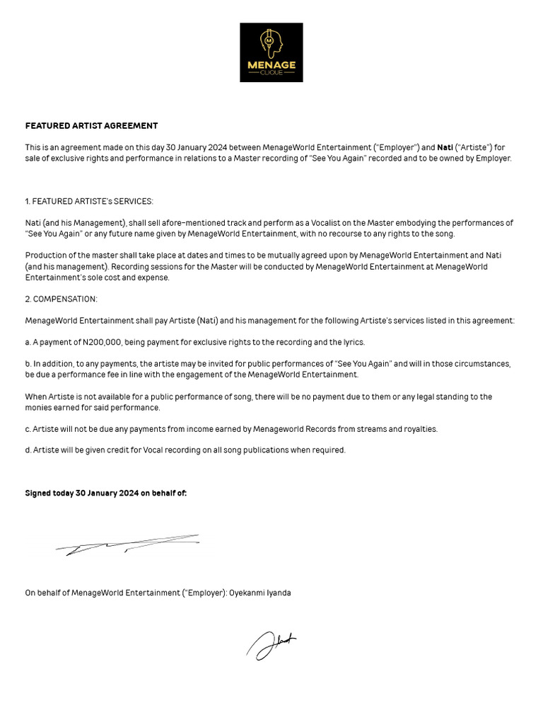 Exclusive Song Agreement | PDF