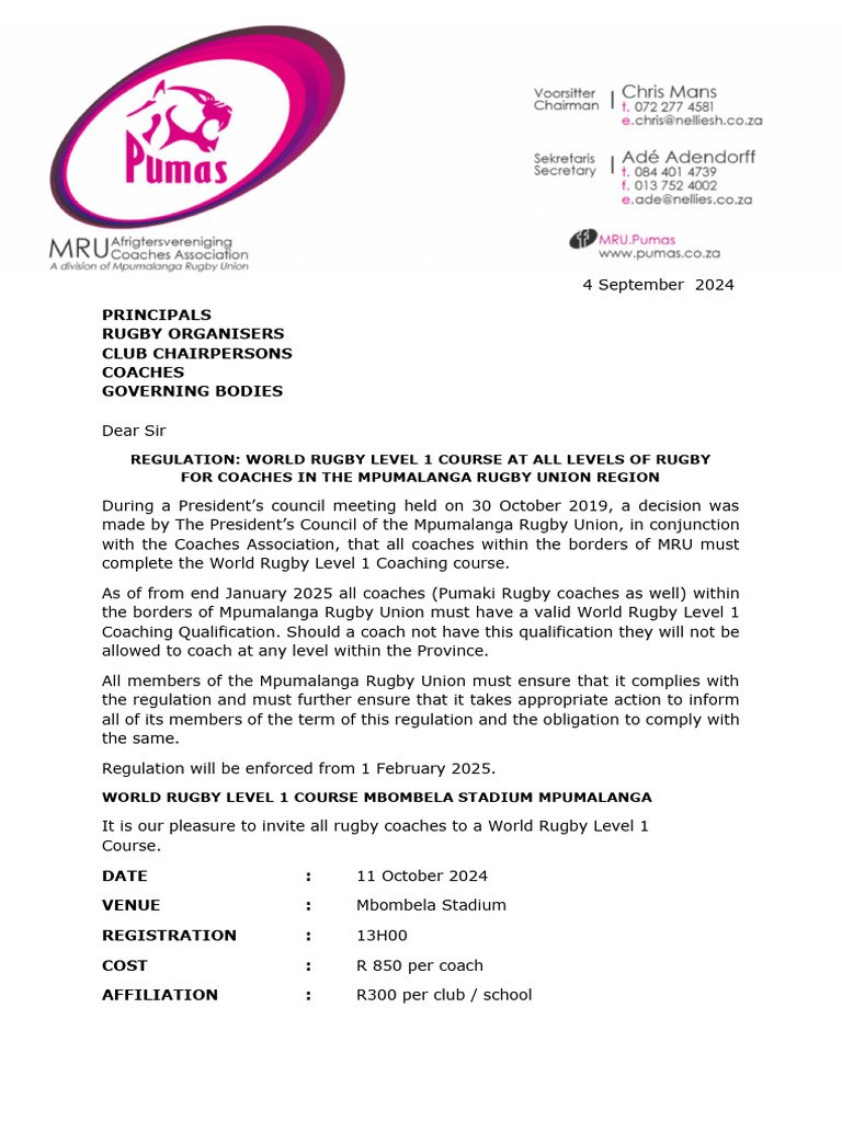 Rugby Coaches Association World Rugby Level 1 Nelspruit 11 October 2024 ...