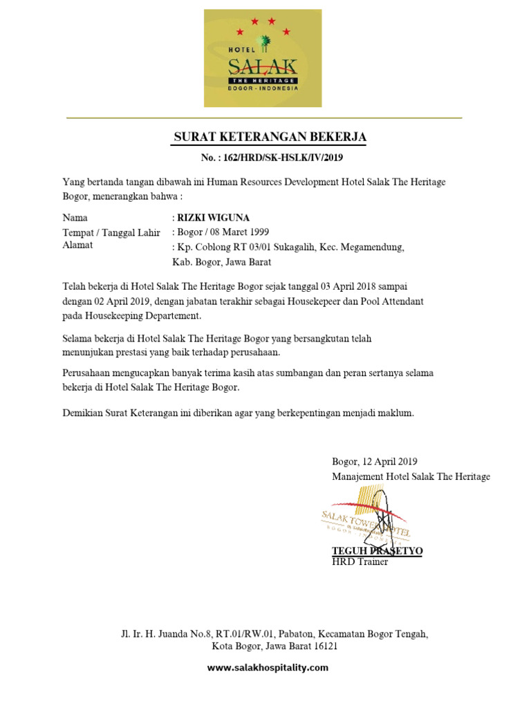 Surat Keterangan Kerja Hotel Salak | PDF