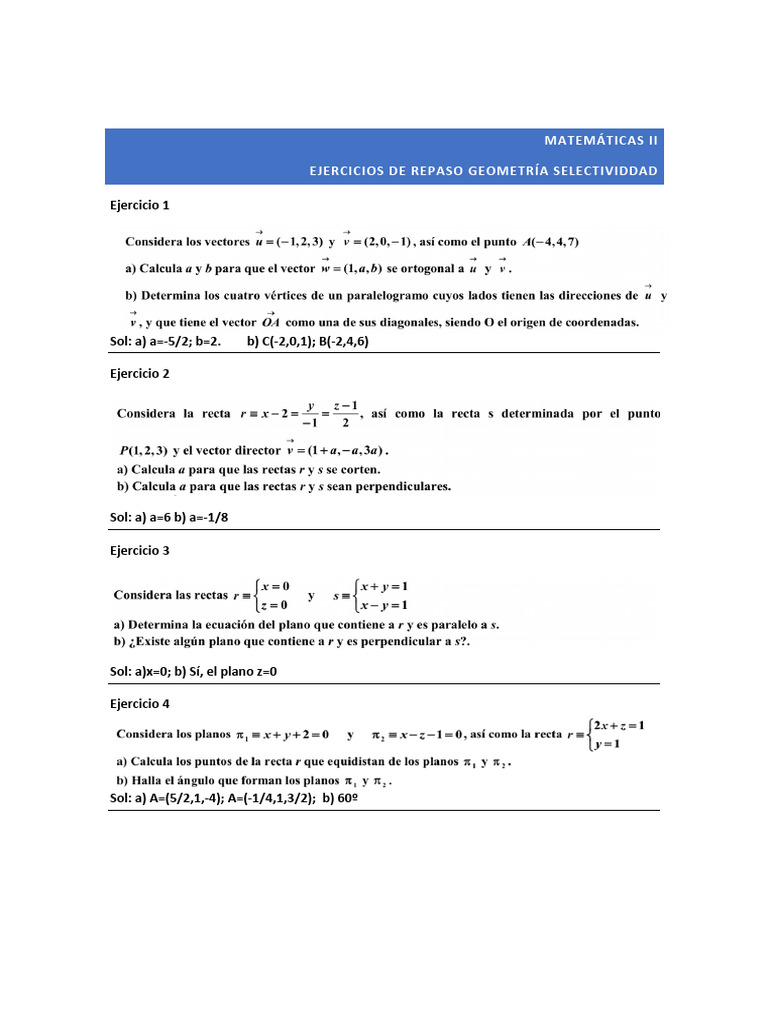 Ficha 3 Mat II. Ejercicios de Repaso Geometría Selectividad | PDF