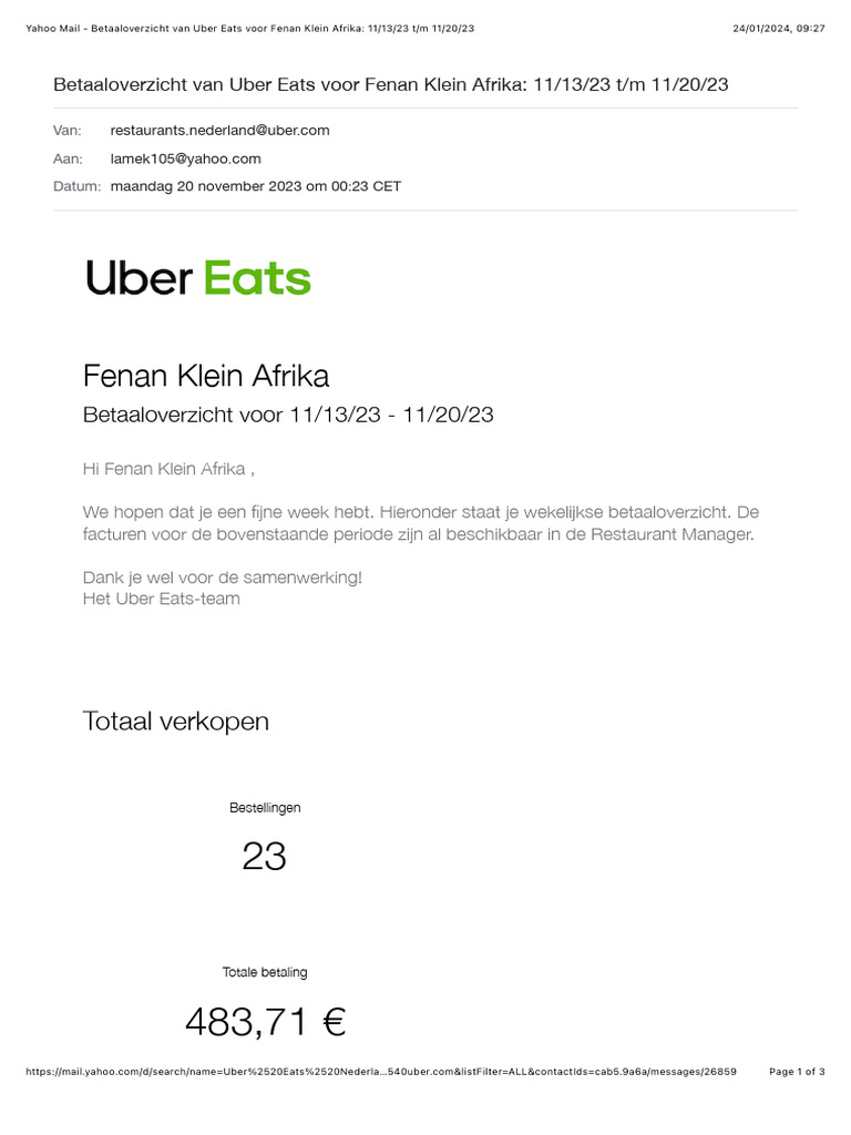 Yahoo Mail - Betaaloverzicht Van Uber Eats Voor Fenan Klein Afrika: 11:13:23 T:M 11:20:23 | PDF