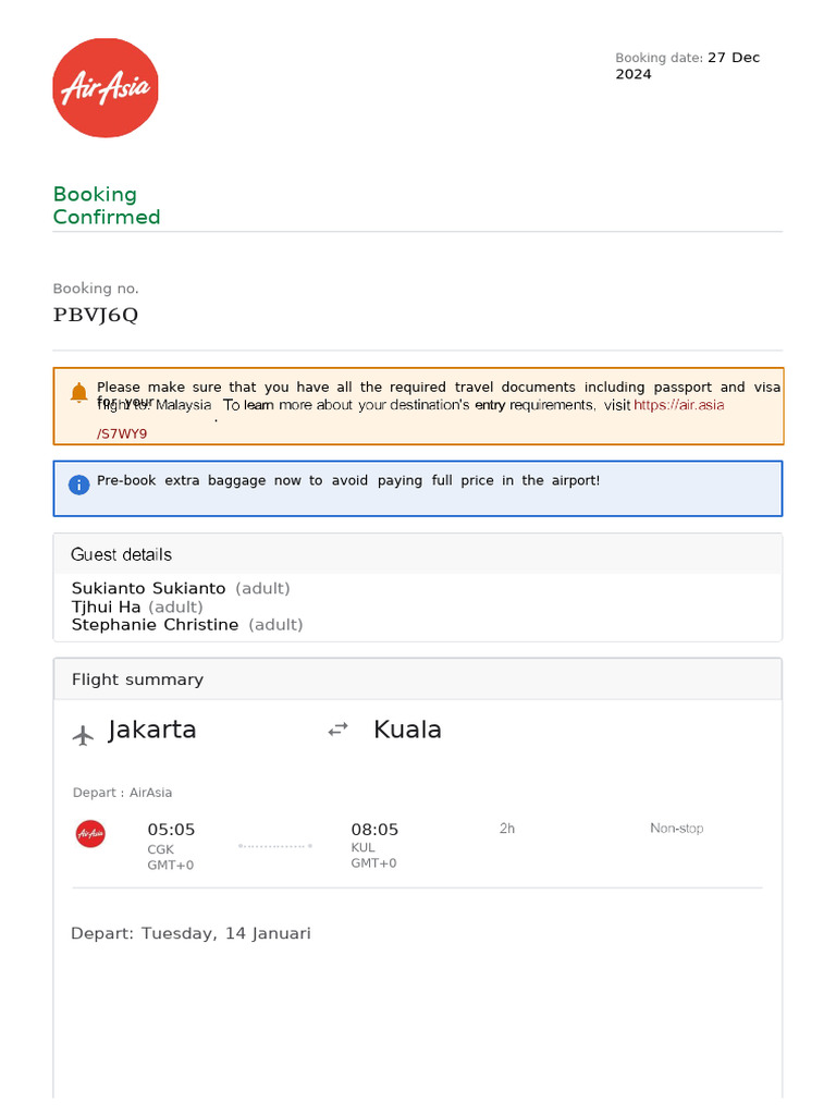 Itinerary CGK KUL 14-01-2025 310308193033 | PDF