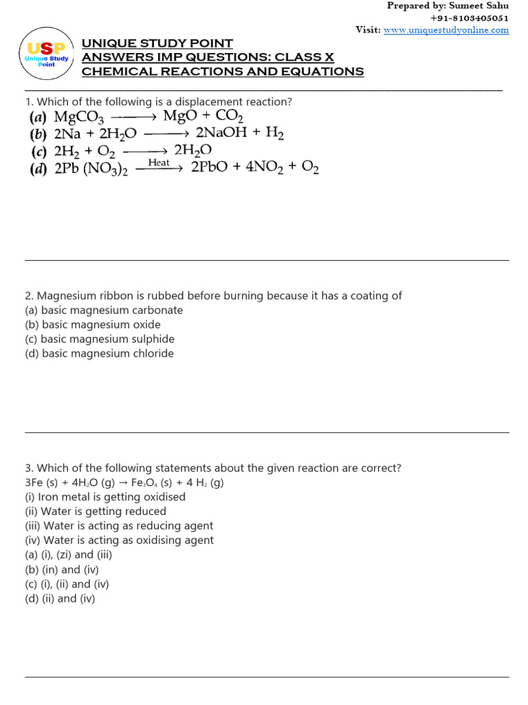 X Chemistry MCQs - Chemical Reactions & Equations | PDF | Chemical ...