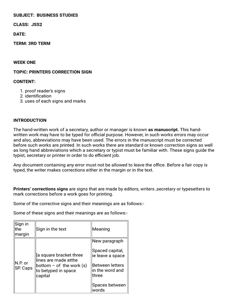 Printer Correction Signs Guide | PDF | Proofreading | Typography