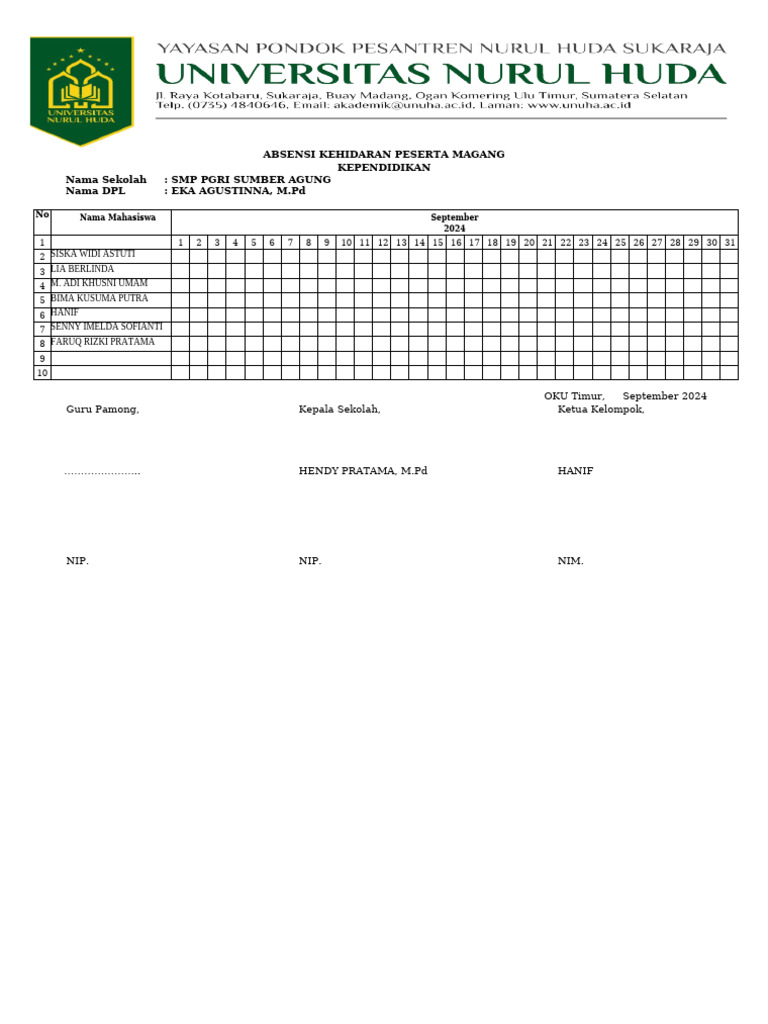Absensi Magang Pendidikan SMP PGRI | PDF
