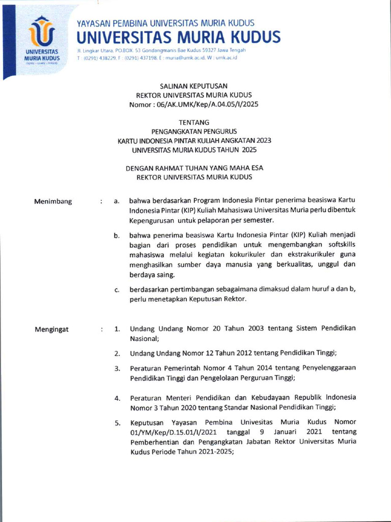 Salinan SK Pengurus KIP Kuliah 2023 Tahun 2025 | PDF