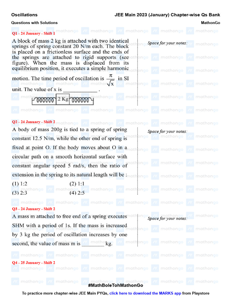 Oscillations - JEE Main 2023 January Chapter Wise Questions by MathonGo | PDF