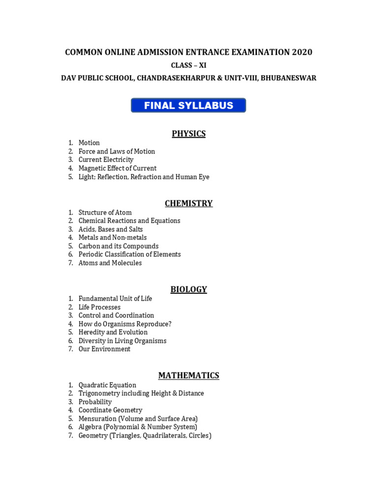 Class XI Admission Exam Syllabus 2020 | PDF