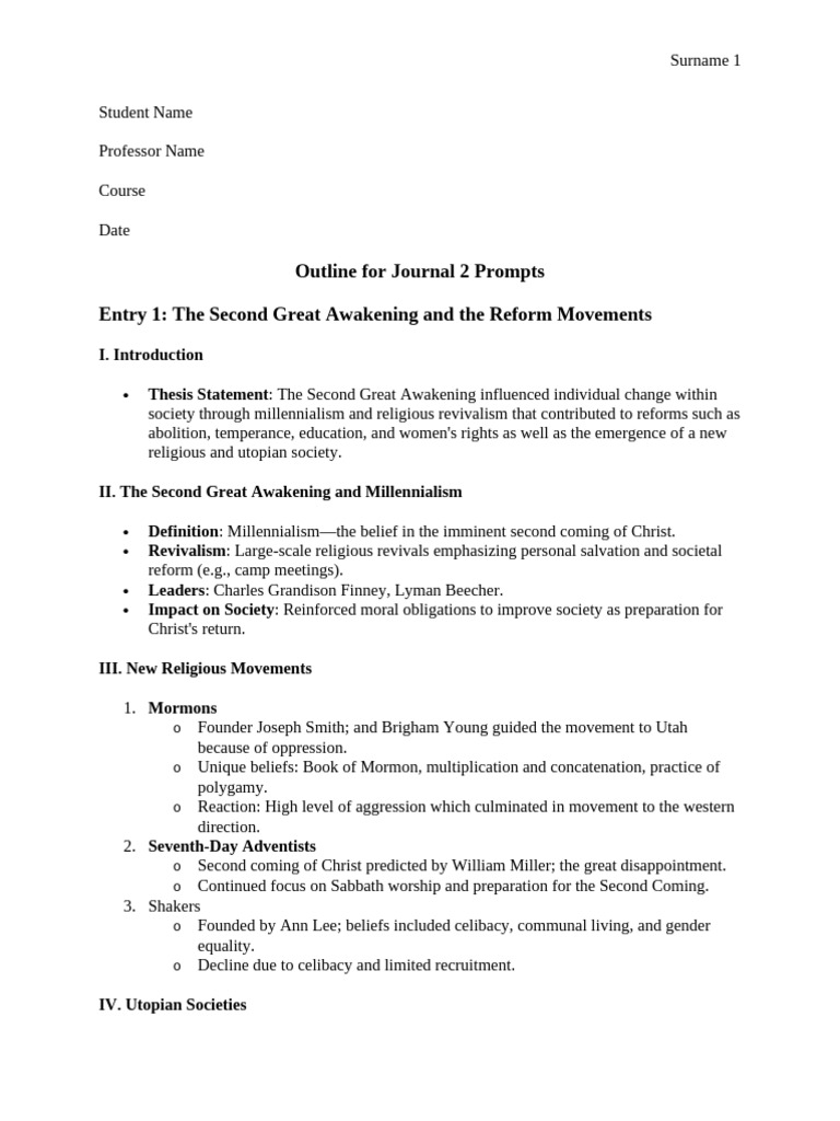 Outline for Journal 2 Prompts | PDF | Abolitionism In The United States ...