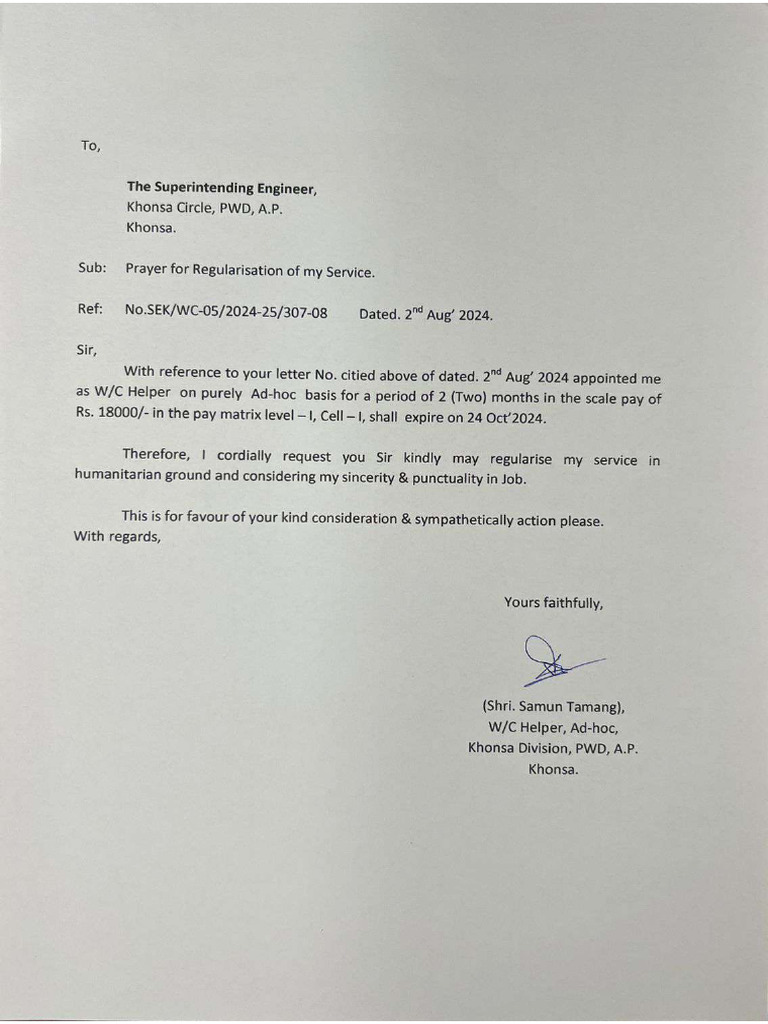 Application To SE Sir For Regularisation | PDF