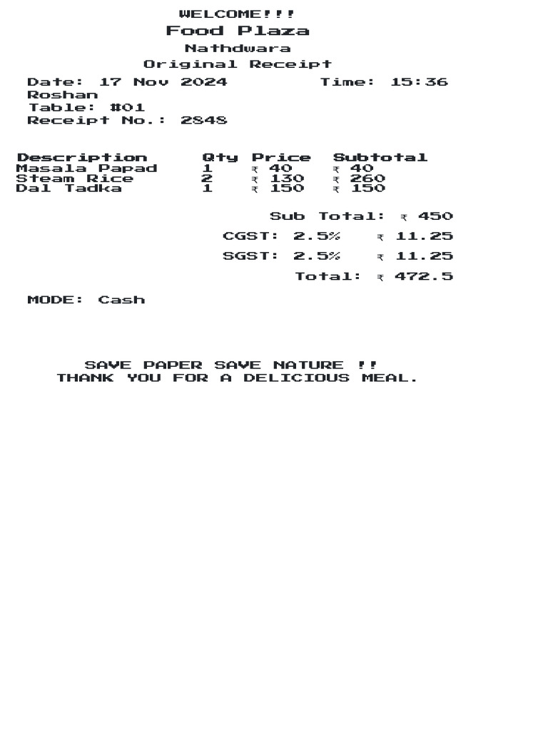 Nathdwara Food Plaza Receipt 2024 | PDF