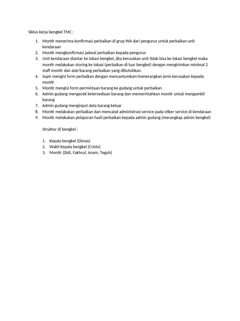 Siklus kerja bengkel TMC | PDF