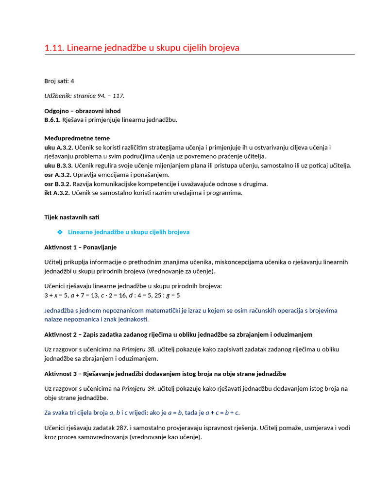 1.11. Linearne Jednadžbe U Skupu Cijelih Brojeva: Udžbenik: Stranice 94. - 117 | PDF