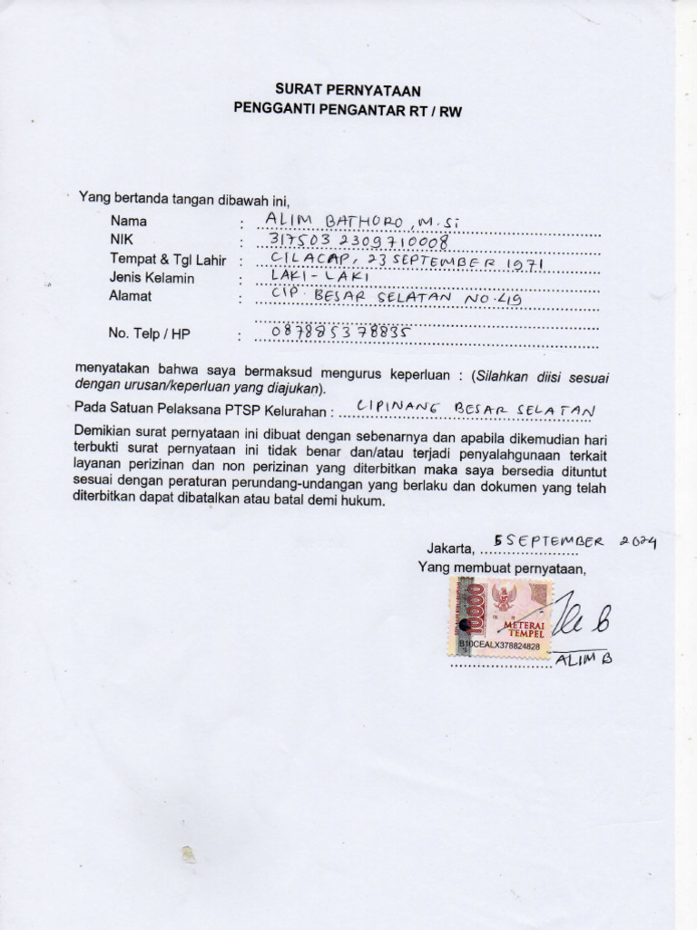 Surat Pernyataan Pengganti RT - RW | PDF