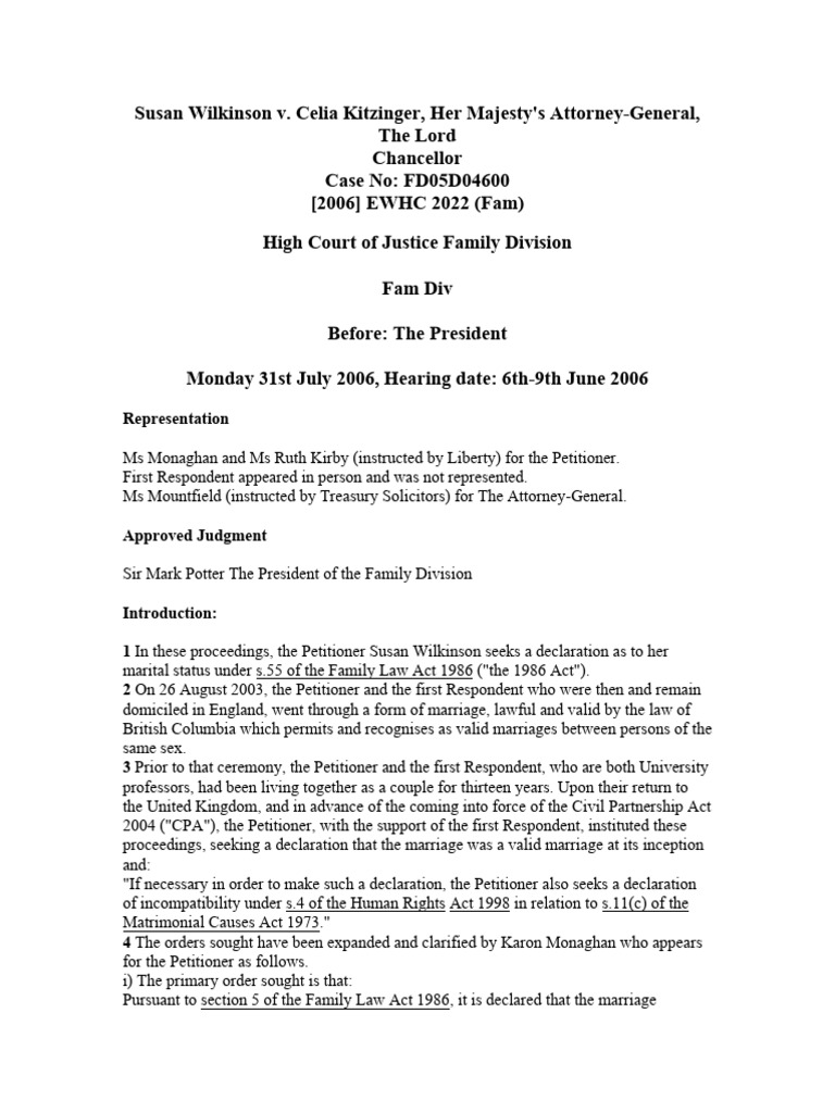 1590_susan_wilkinson_v._celia_kitzinger_[2006]_ewch_2022_(fam) | PDF | Marriage | European ...