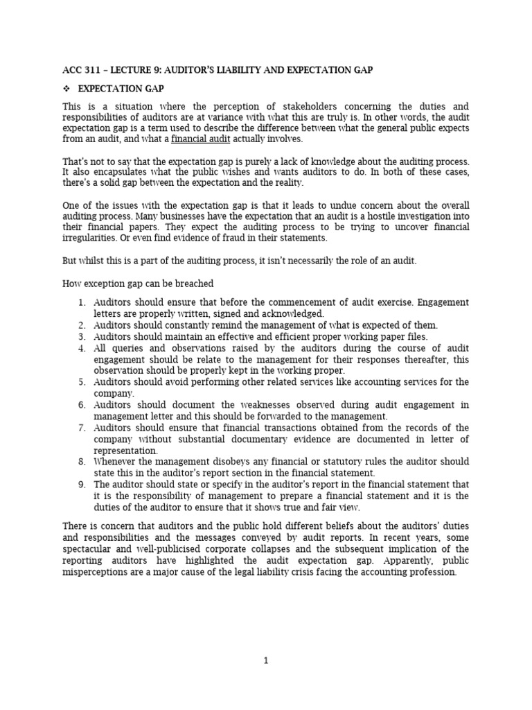 Lecture 9 Auditor's Liability and Expectation Gap | PDF | Audit | Negligence