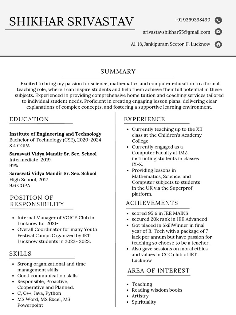 RESUME- SHIKHAR (3) | PDF | Cognition | Behavior Modification