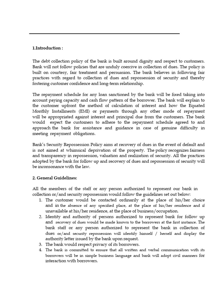 Fair Debt Collection and Repossession Policy | PDF | Banks | Repossession