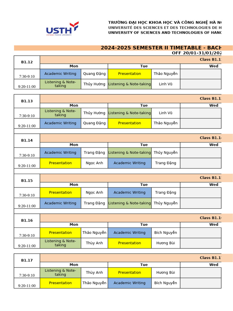 Timetable B1 Semester2 2024 2025.Xlsx | PDF | Hanoi | Association Football Clubs