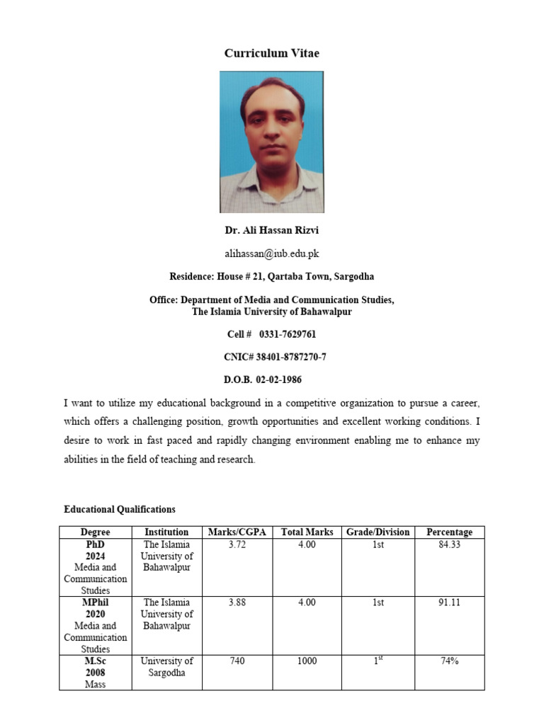 Dr. Ali Hassan Rizvi's CV and Publications | PDF | Pakistan