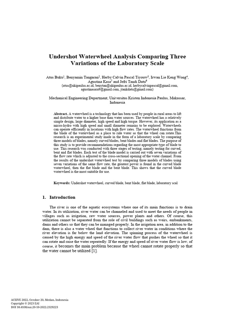 Undershot Waterwheel Analysis Comparing Three | PDF | Force | Flow ...
