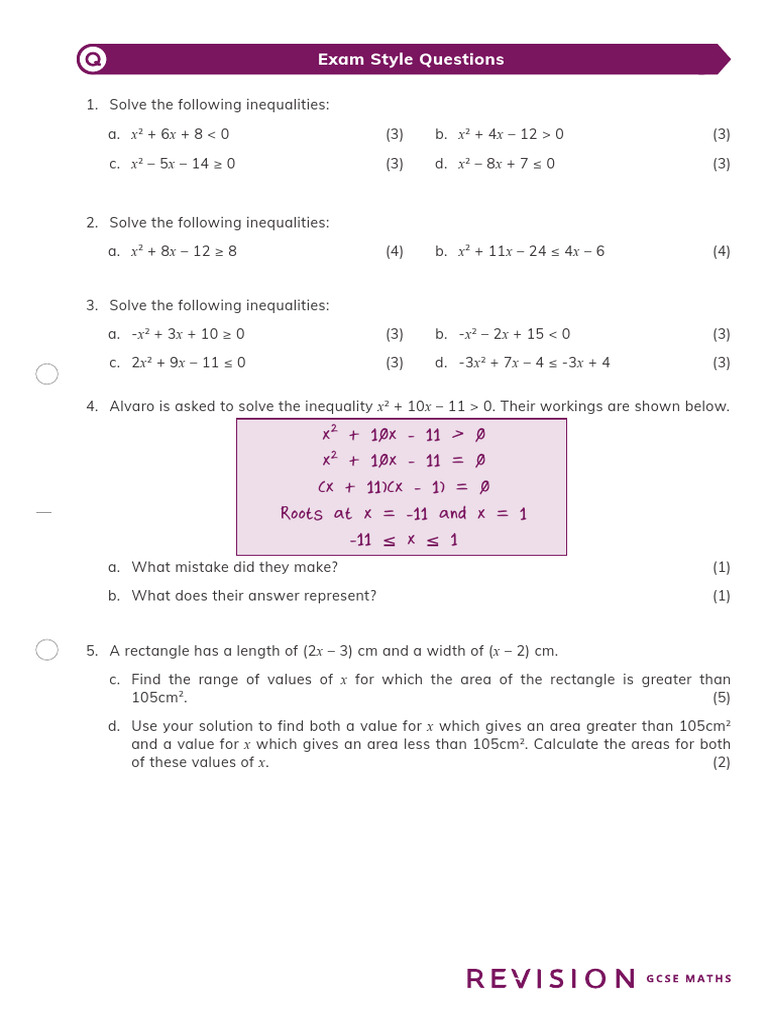 Quadratic Inequalities Revision Sheet Questions | PDF