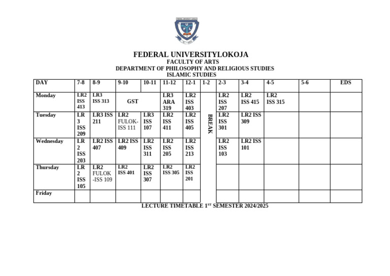 Lecture Timetable - Islamic Studies 1st Sem - 2024 - 2025 | PDF