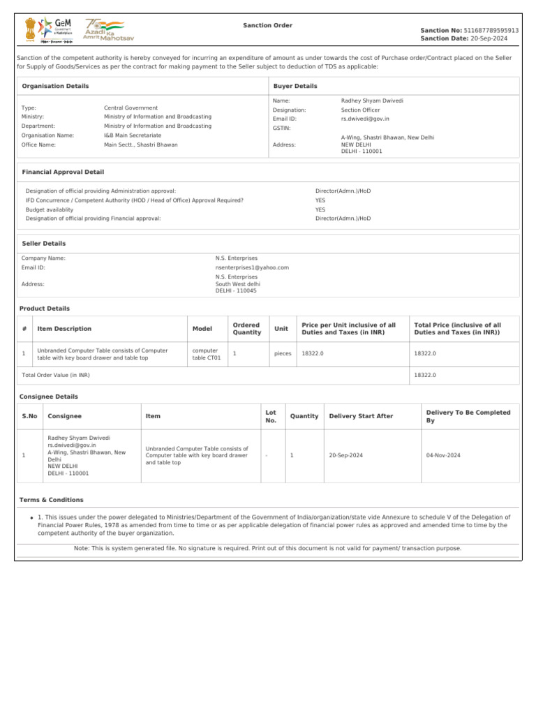Sanction Order for Computer Table Purchase | PDF | Prices | Taxes
