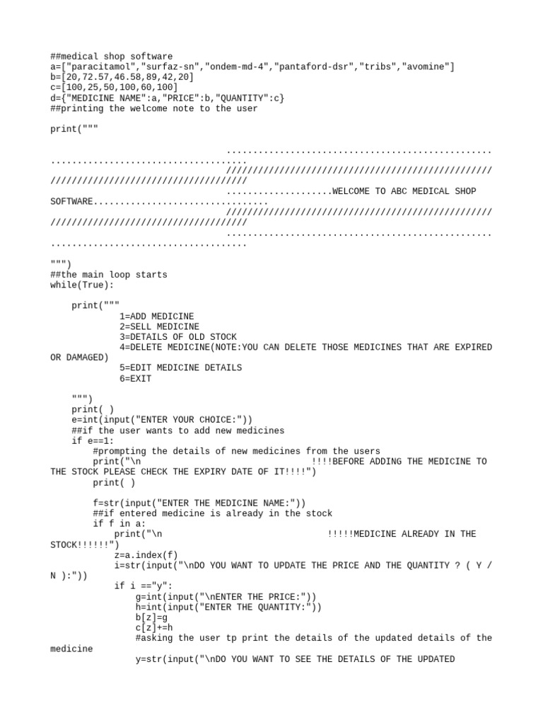 MEDI-SHOP MANAGEMENT SYSTEM.py | PDF | Software | Computing