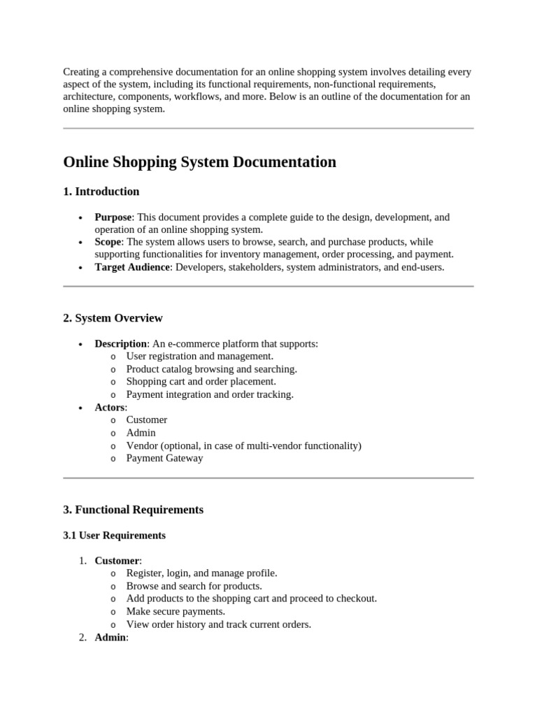 Creating a comprehensive documentation for an online shopping system ...