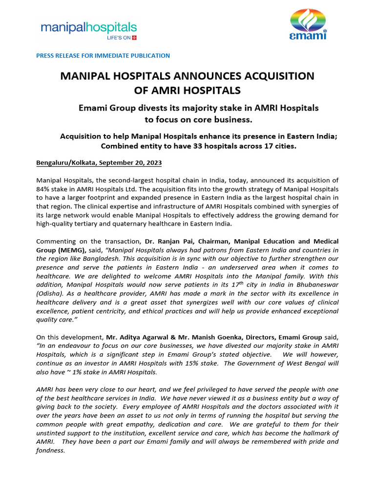 AMRI Divestment To Manipal Hospitals Final Press Release - 20 09 2023 | PDF | Hospital | Health Care