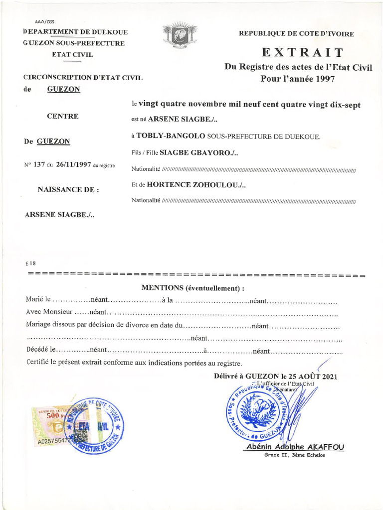 Extrait Siagbe Arsene | PDF