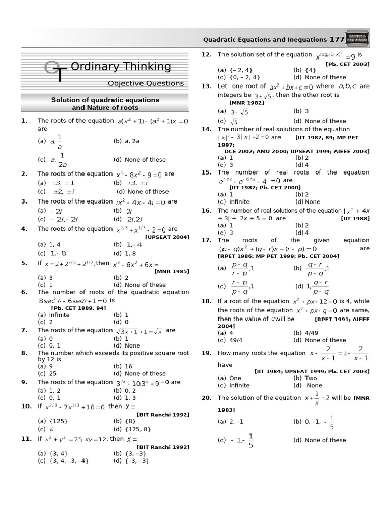 QUS. QUADRATIC - (PART 2) - Ordinary Thinking | PDF | Zero Of A ...