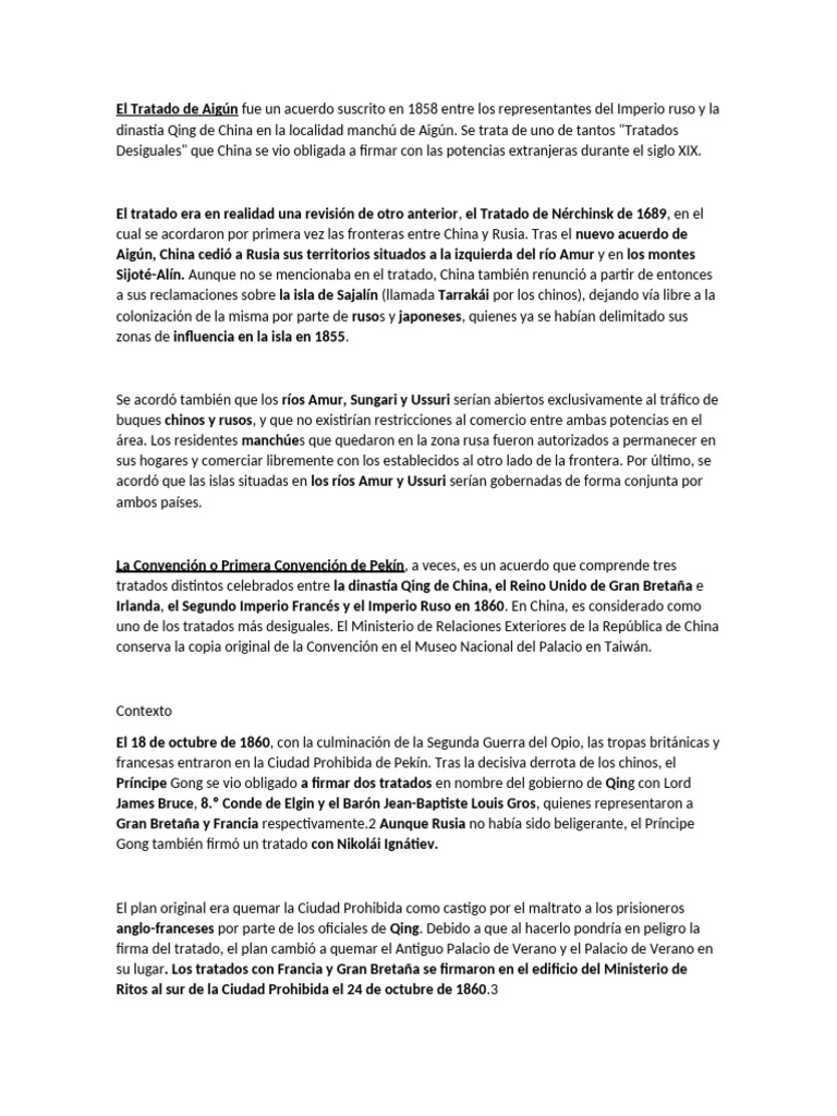 El Tratado de Aigún fue un acuerdo suscrito en 1858 entre los ...