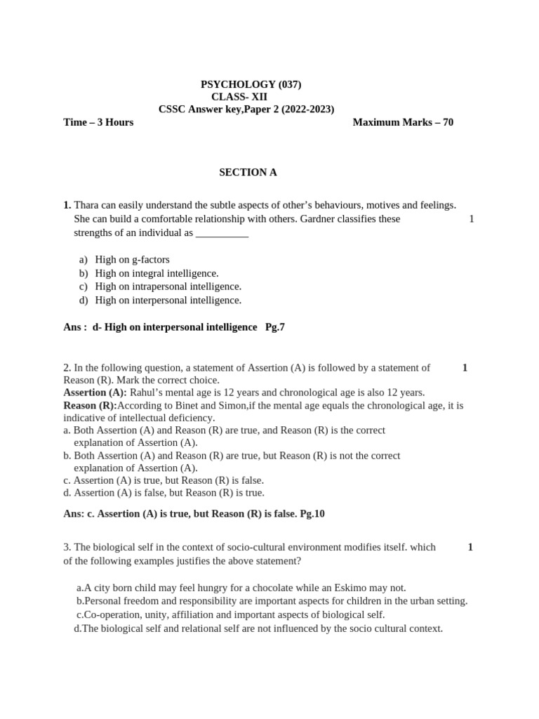CSSC Answer Key Paper 2 | PDF | Psychotherapy | Id