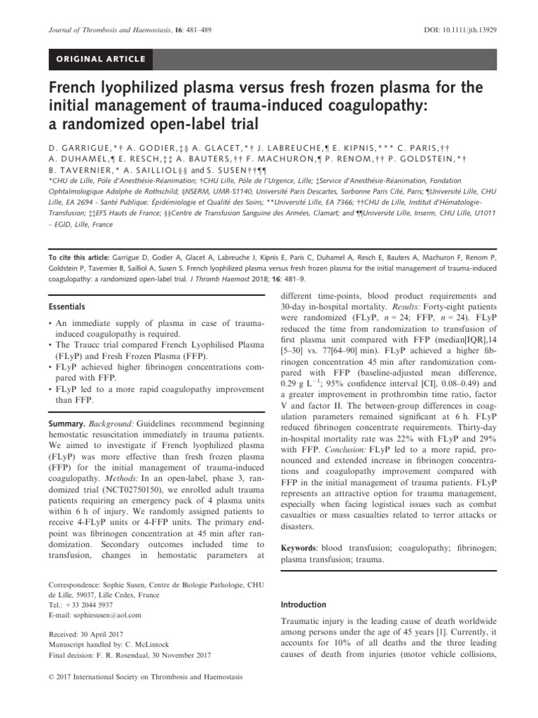 J of Thrombosis Haemost - 2017 - Garrigue - French Lyophilized Plasma ...