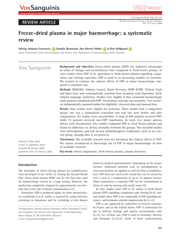 Vox Sanguinis - 2020 - Feuerstein - Freeze%E2%80%90dried Plasma in ...