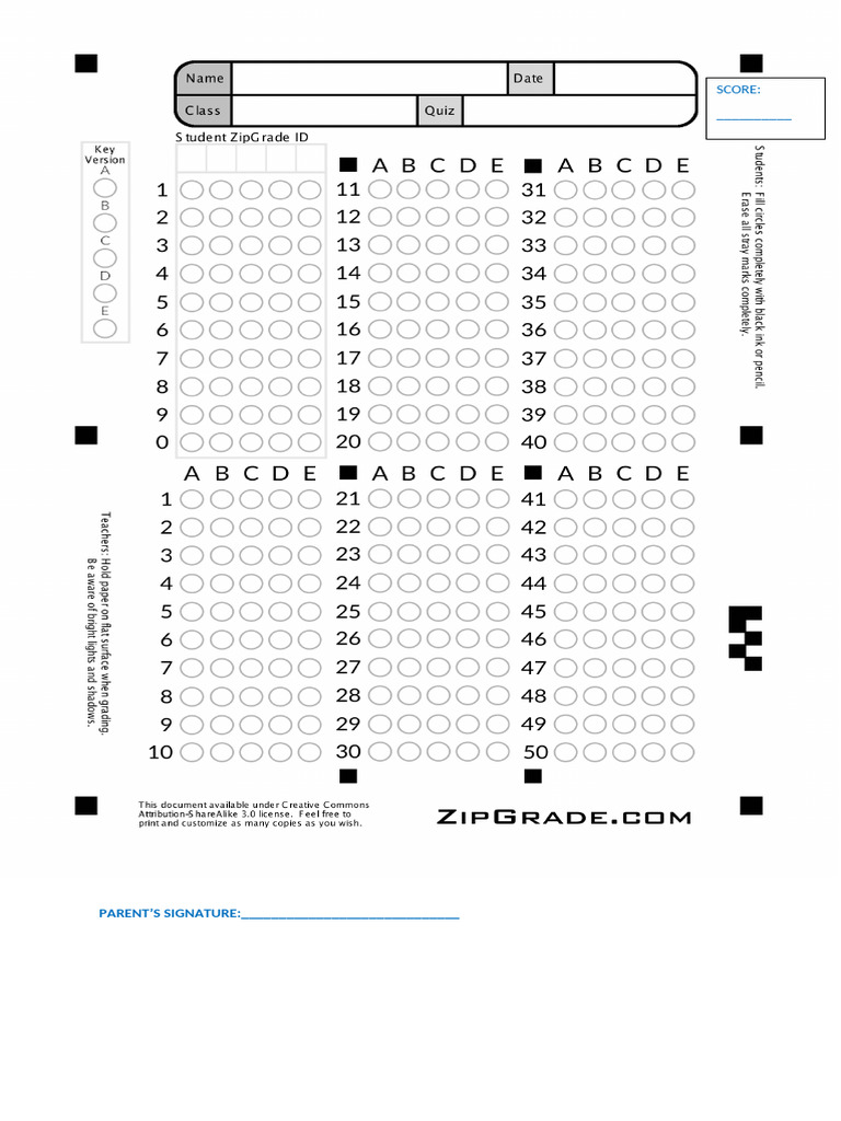 Zip Grade Answer Sheet | PDF