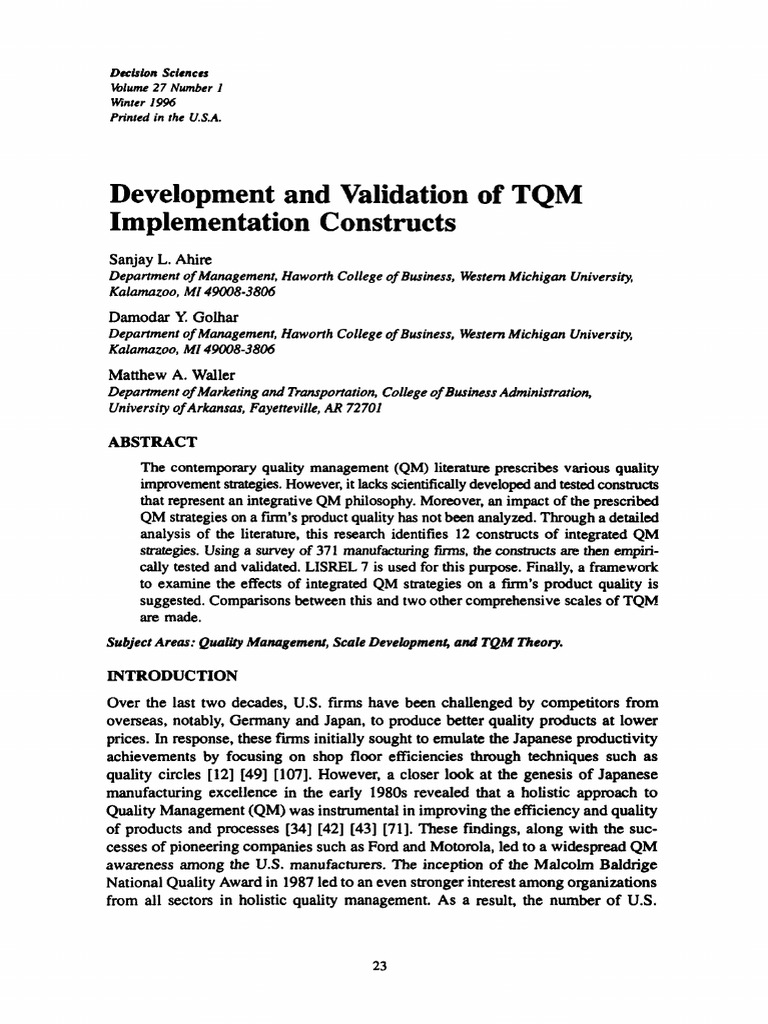 Development and Validation of TQM Implem | PDF | Factor Analysis | Business