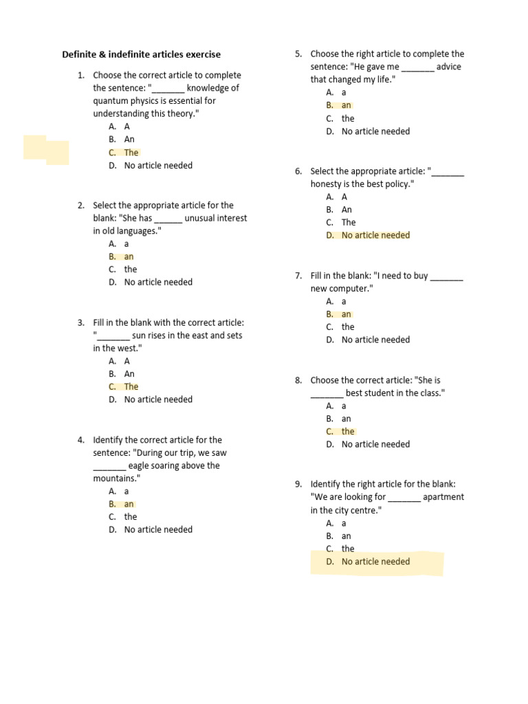 Articles Exercise | PDF