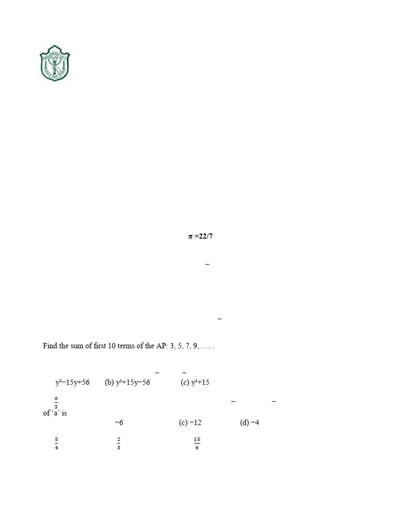 Math - QP - Set A | PDF | Area | Circle