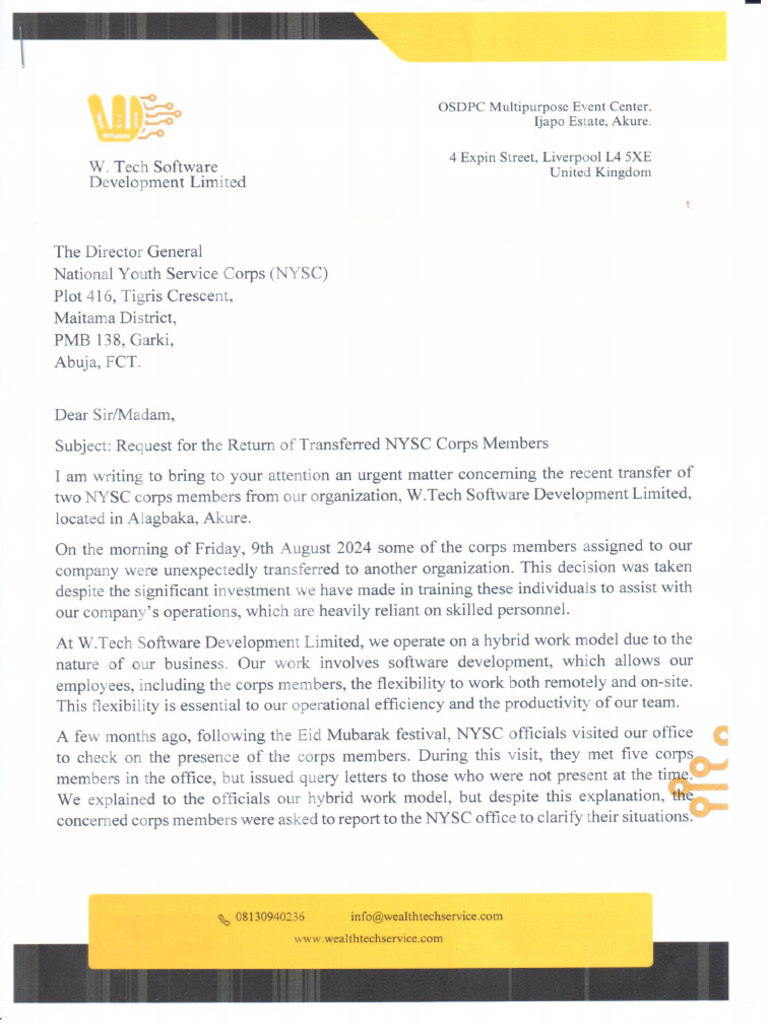 NYSC Request For Return | PDF