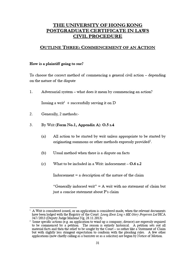 [HKU PCLL 2023-4 CivPro] Outline 3 Commencement | PDF | Lawsuit | Writ
