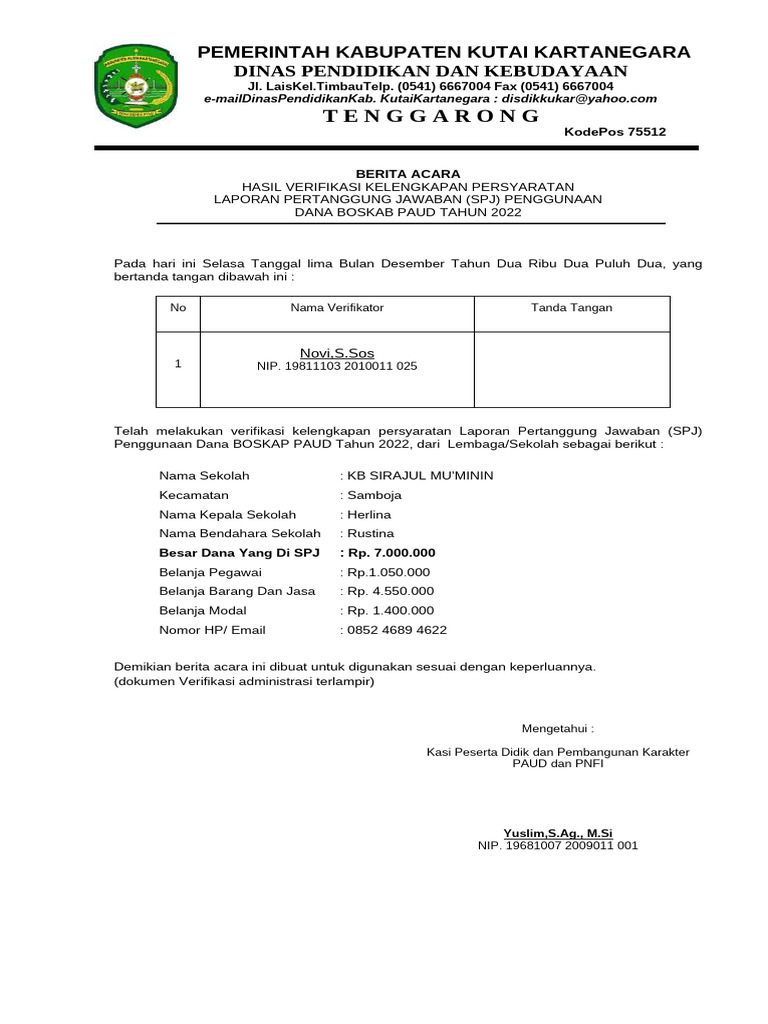 Verifikasi SPJ Dana BOSKAB 2022 | PDF